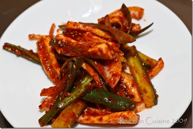 Korean Cuisine: Ojinguh Moochim - Cold Squid with Cucumbers - (오징어 무칩)